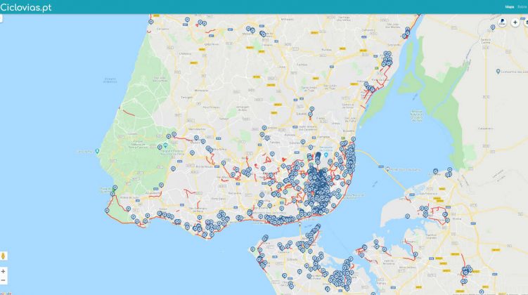 Ciclovias.pt. Site mostra um mapa das ciclovias existentes em Portugal